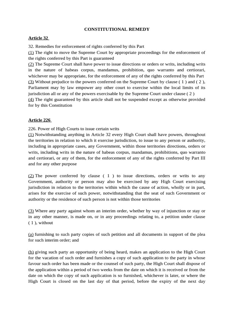 Constitutional Remedies: Articles 32 & 226 | PDF