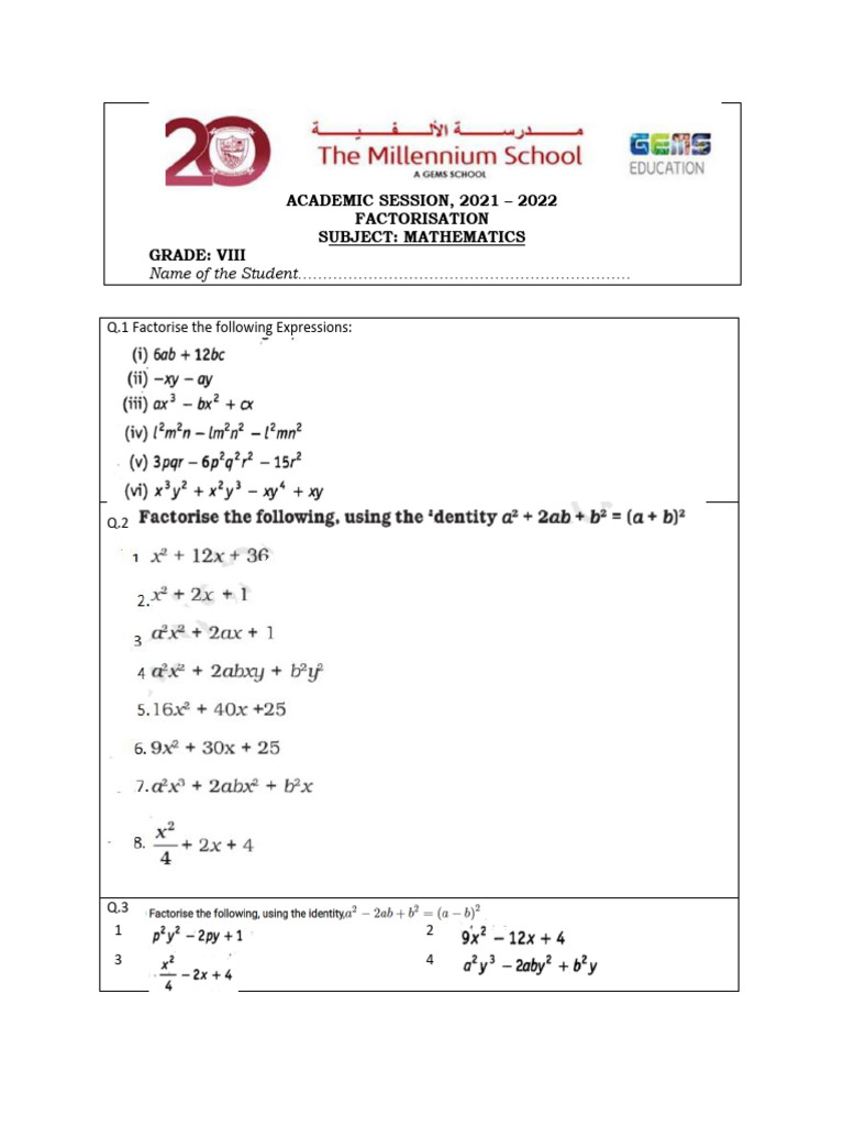 Factorisation Worksheet | PDF