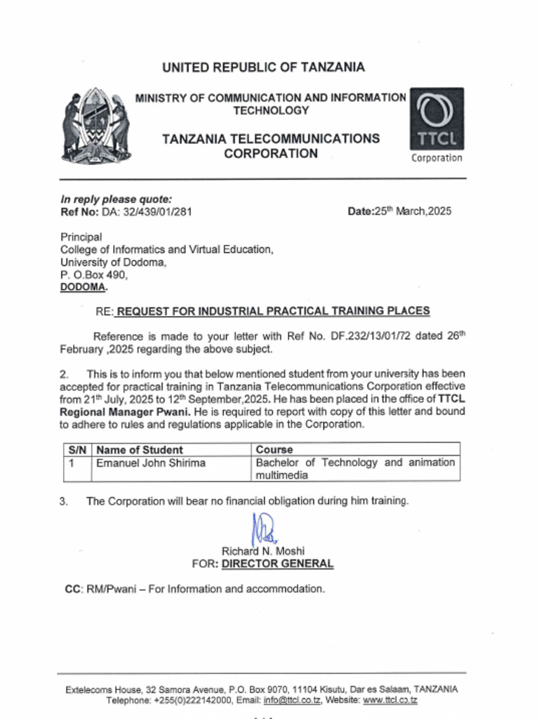 Practical Training Letter - Approval | PDF