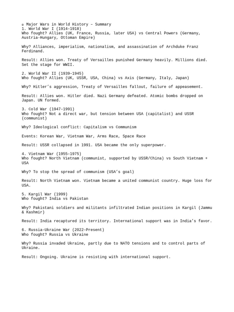 Major Wars in World History Summary | PDF