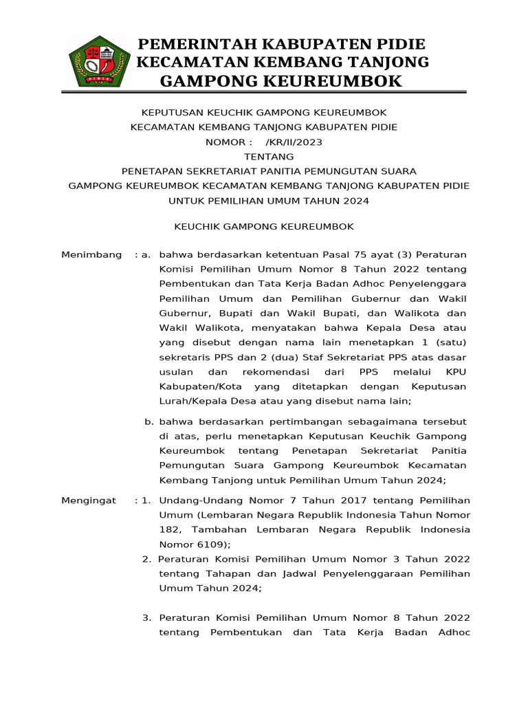 CONTOH FORMAT SK SEKRETARIAT PPS_KEUREUMBOK | PDF