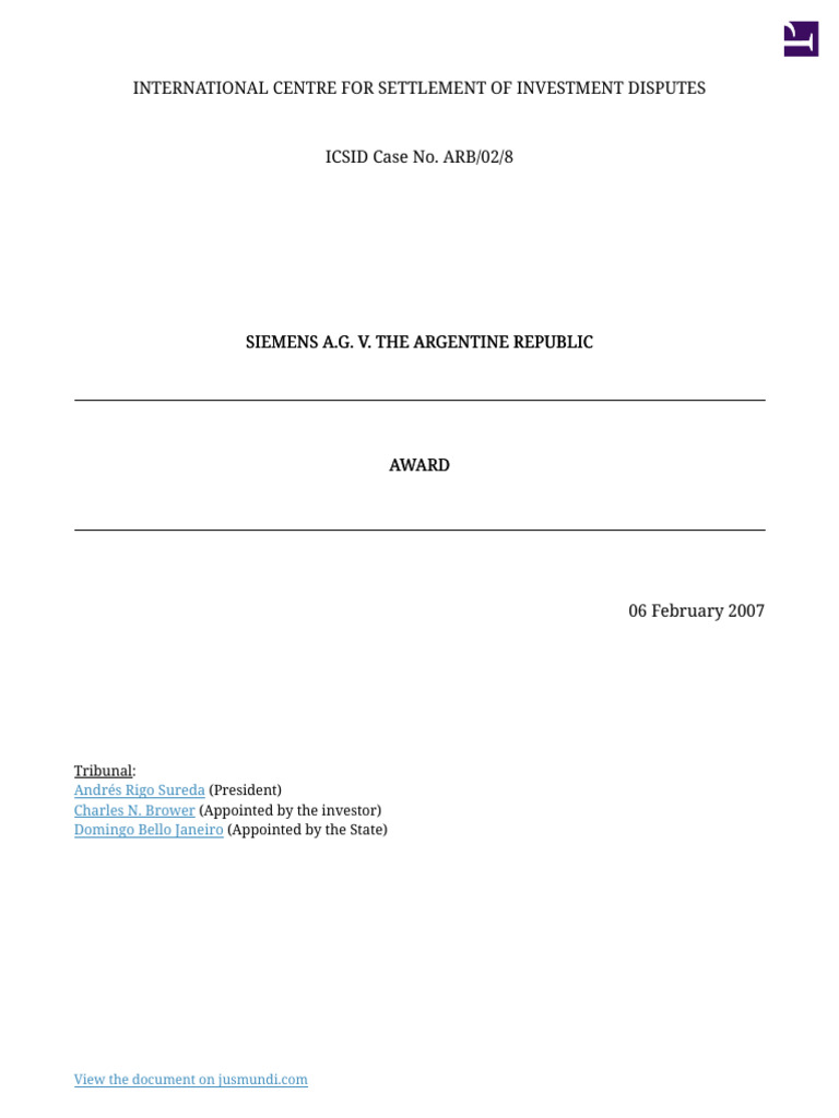 JusMundi PDF Siemens v Argentina Icsid Case No Arb 02 8 Award (1) | PDF ...