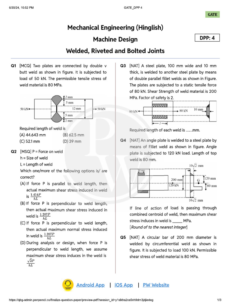 Welded, Riveted and Bolted Joints - DPP 04 | PDF