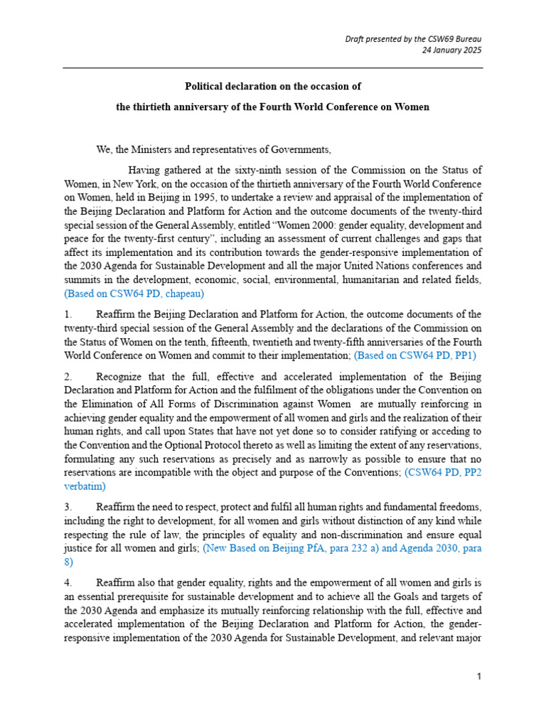 CSW69-Draft-Political-Declaration_24-January-2025.Final_ | PDF | Gender Equality | Gender Studies