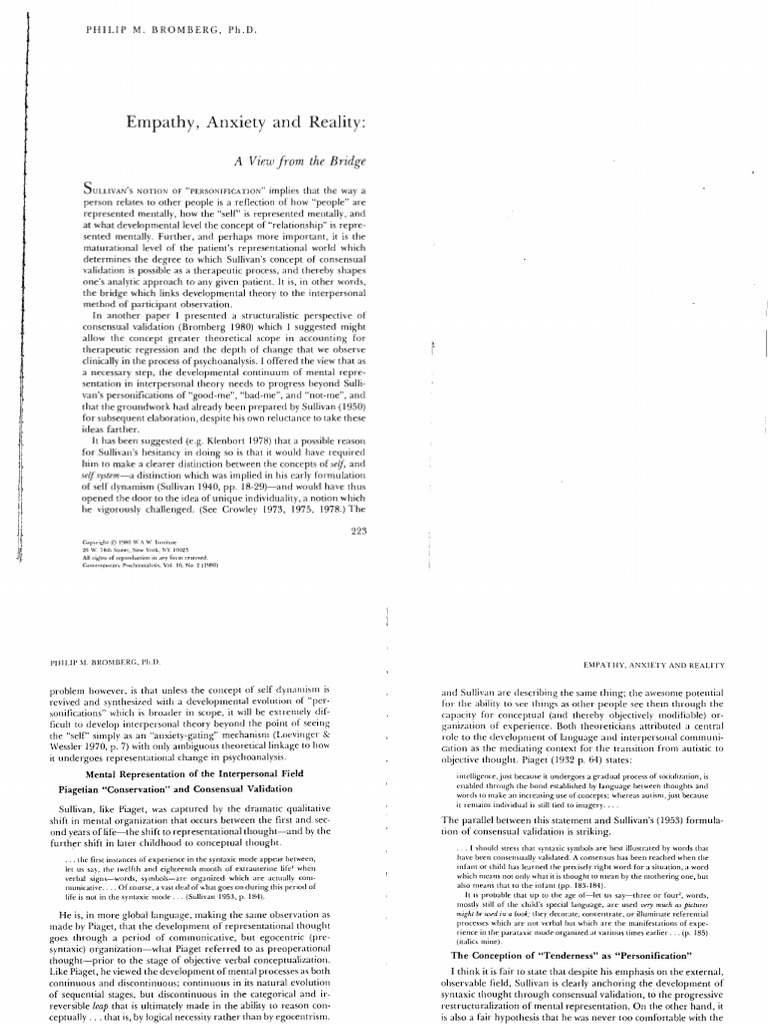 Bromberg Empathy Anxiety Reality | PDF | Psychoanalysis | Empathy