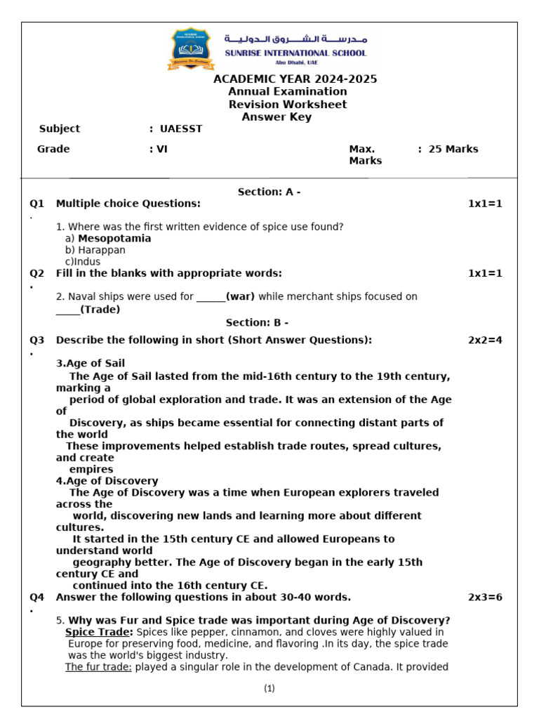 Revision Worksheet-Answer key-Grade-6 | PDF | Spice | Age Of Discovery