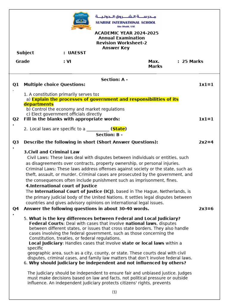 Revision Worksheet GRADE6 - 2 Answer Key-2 | PDF | Justice | Crime & Violence