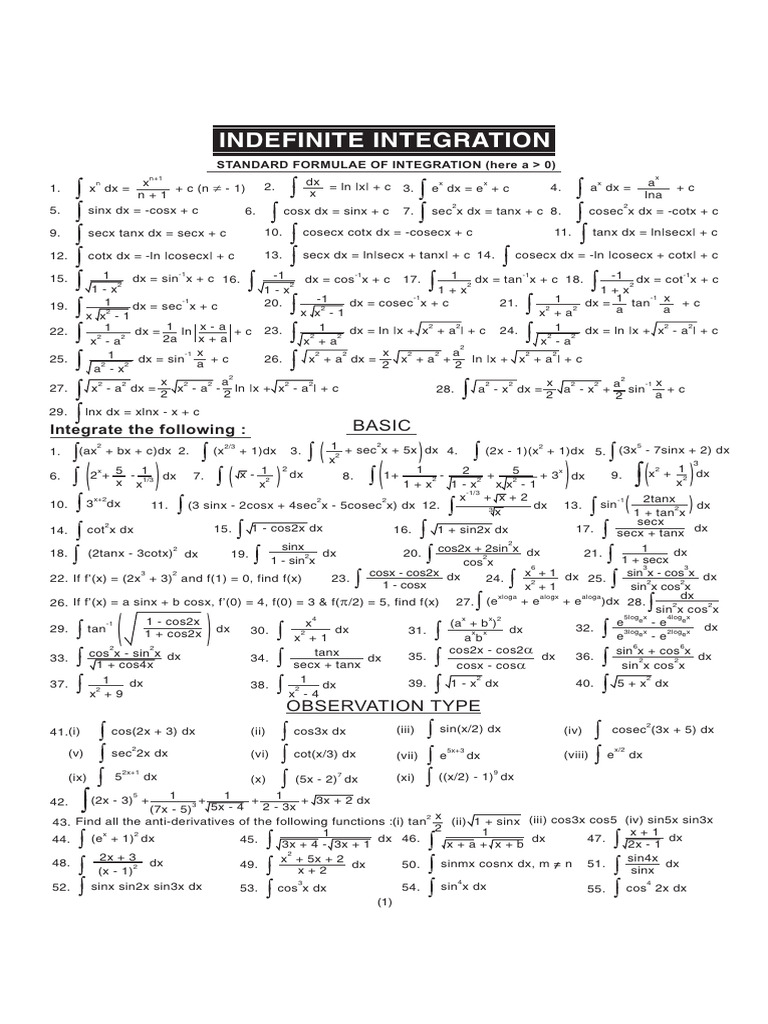 Indefinite Integrals and Formulas | PDF | American Musicians | American ...