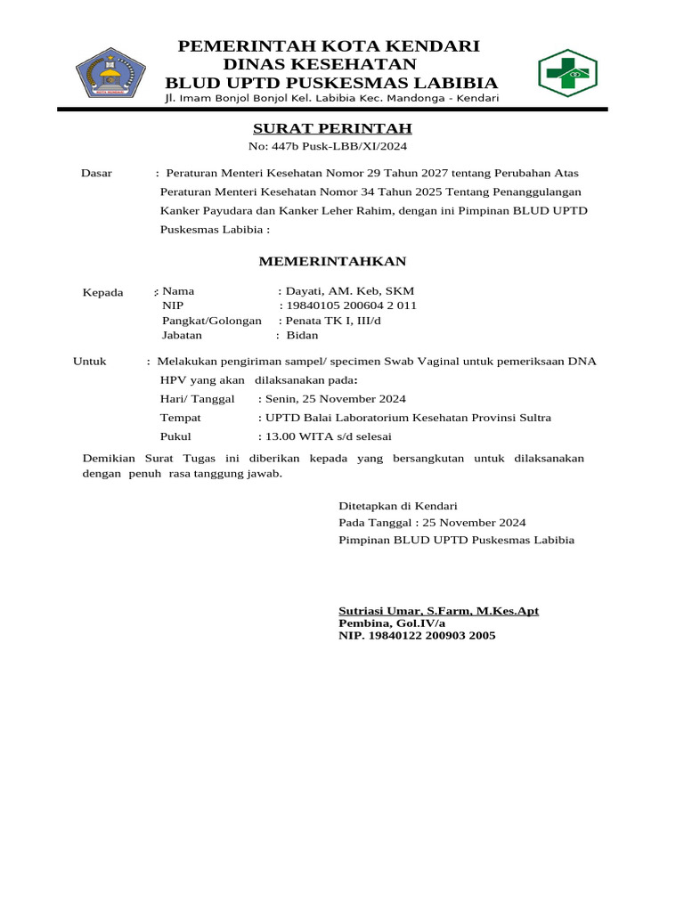 Surat Tugas DNA HPV KLAIM | PDF