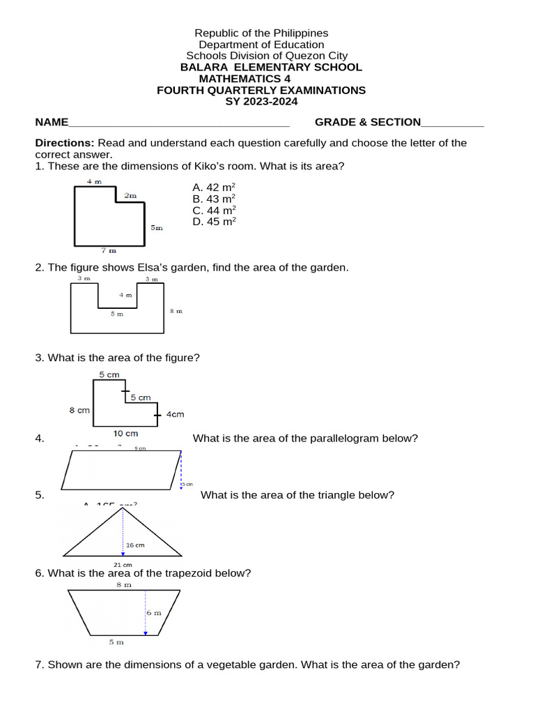Periodical Test Q4 Math4 Melc Based | PDF | Area | Volume