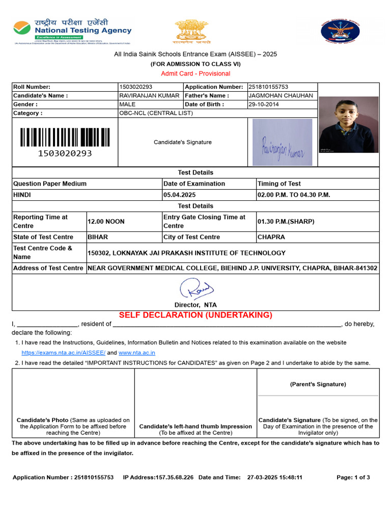 AISSEE 2025 Admit Card for Class VI | PDF