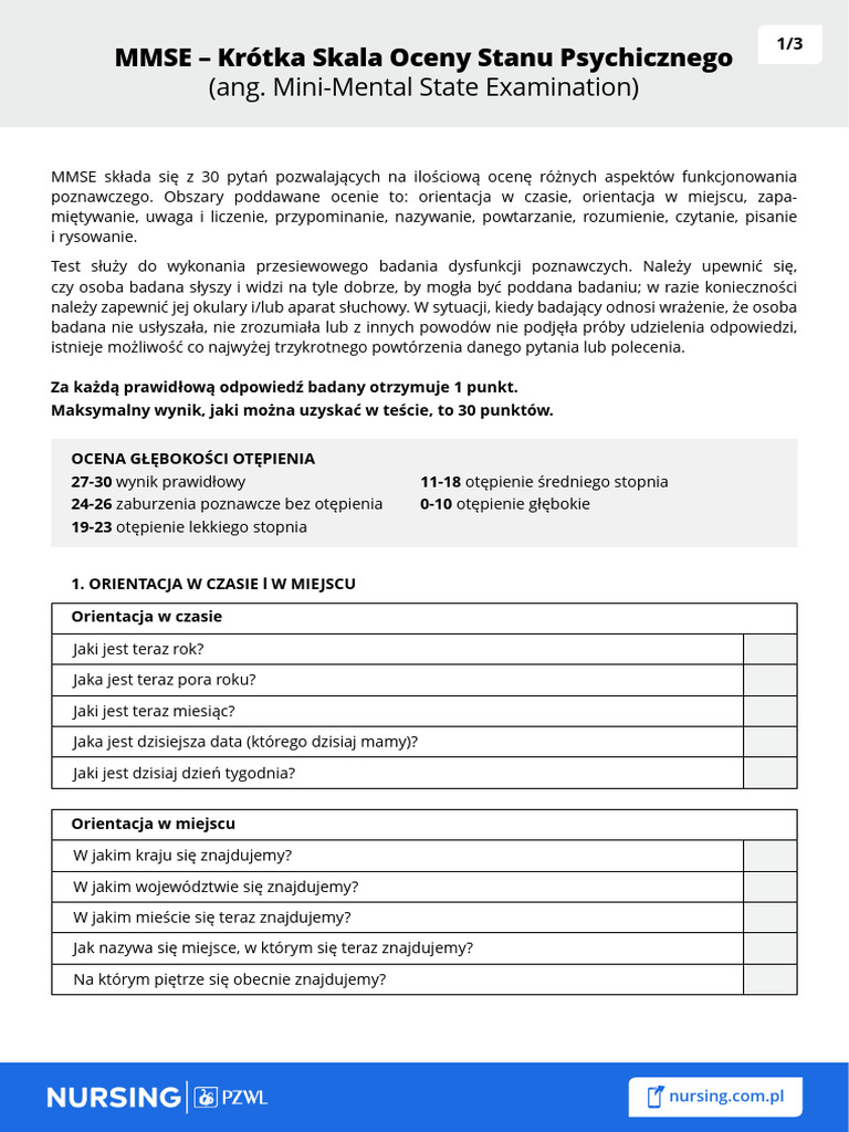 MMSE Krótka Skala Oceny Stanu Psychicznego | PDF