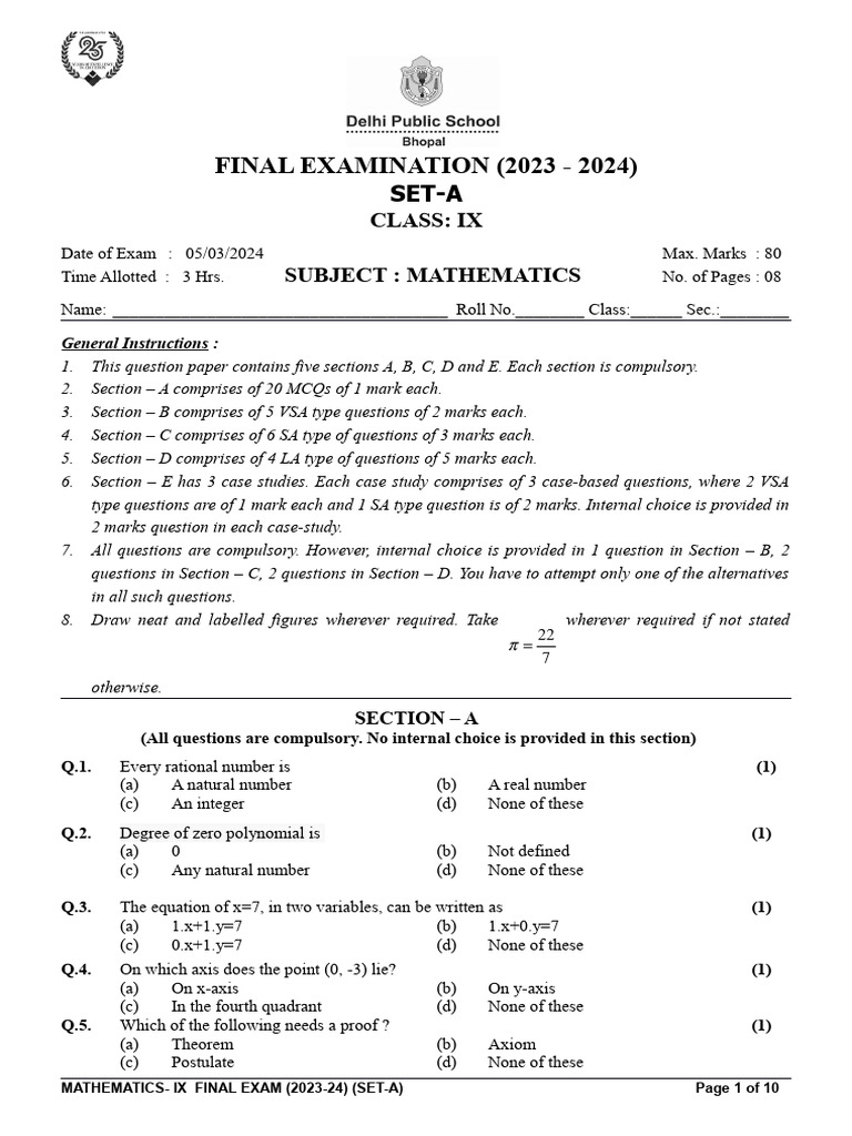 Class IX Mathematics Final Exam 2024 | PDF | Circle | Rectangle