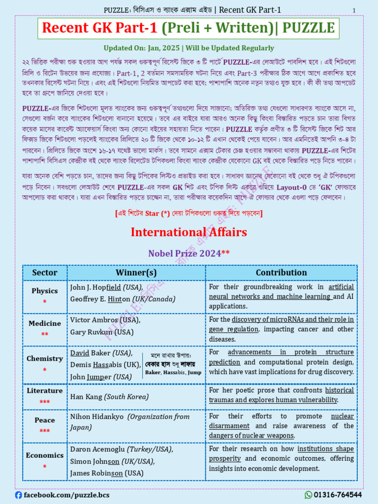 Recent GK Part-1 (Preli-Written) -PUZZLE- (1) | PDF | Nobel Prize ...