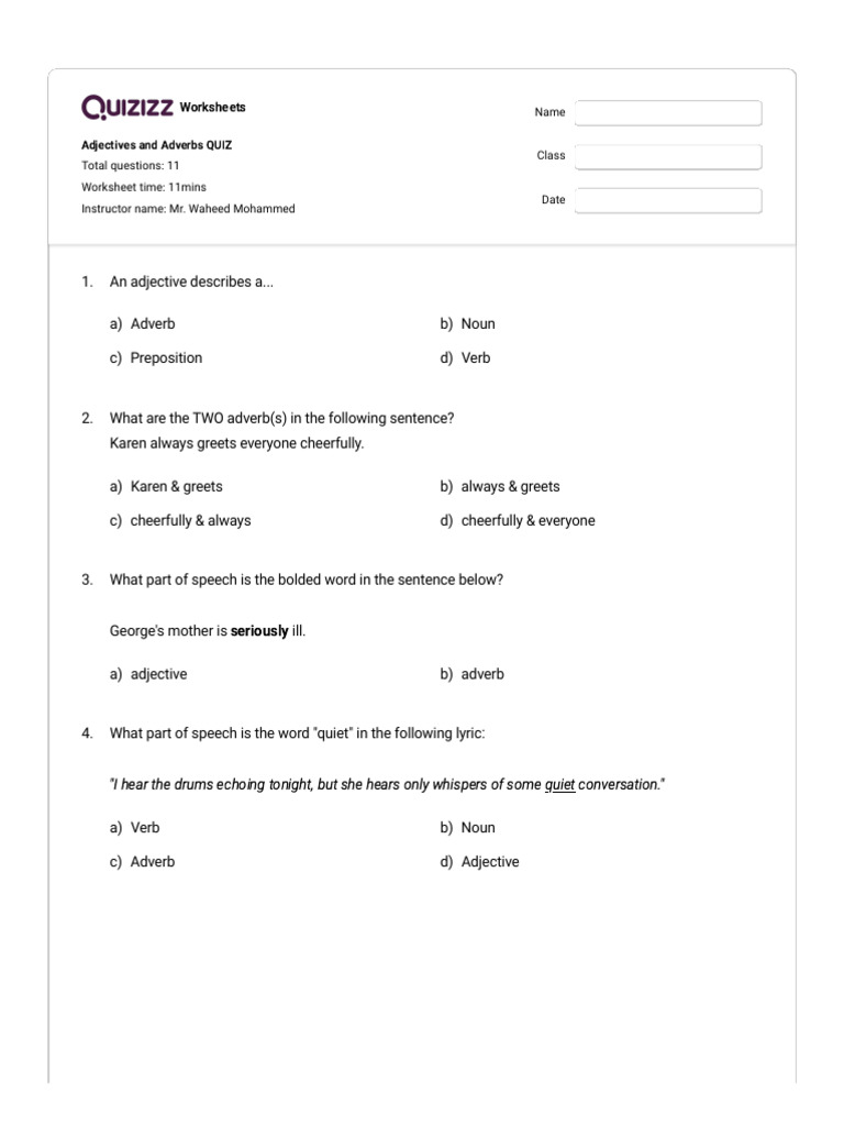 Adjectives and Adverbs QUIZ - Quizizz | PDF | Adverb | Part Of Speech