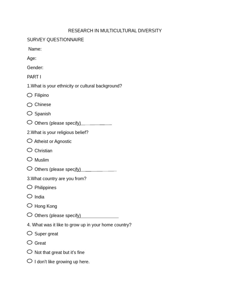 Multicultural Diversity Survey Questionnaire | PDF