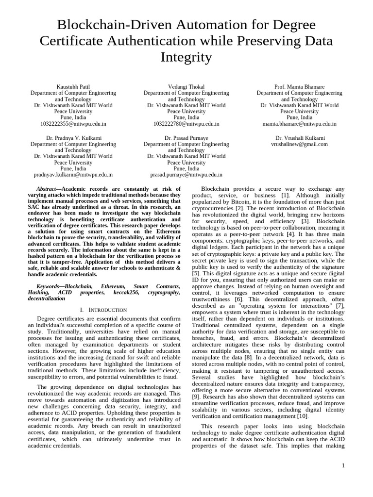 Blockchain-Driven Automation For Degree Certificate Authentication While Preserving Data ...