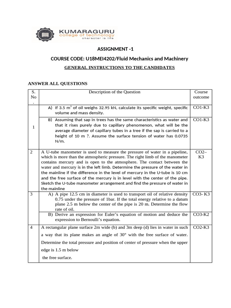 U18MEI4202T - FMM - Assignment 1-Rev 1 | PDF | Pressure | Pressure Measurement