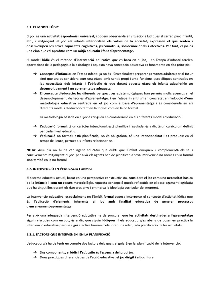 El Joc en La Intervenció Educativa. El Model Lúdic NF3 Uf1 M04 | PDF