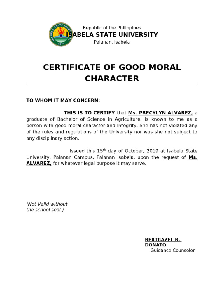 Good Moral Character Certificates 2019-2023 | PDF