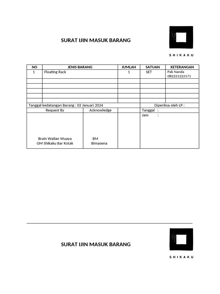 Surat Izin Masuk Barang 2024 dan 2023 | PDF