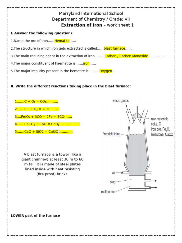Complete Extraction of Iron Task Sheet - 1 | PDF | Iron | Blast Furnace