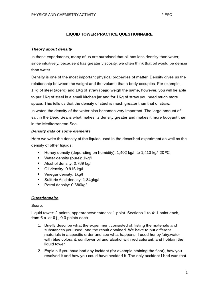 Liquid Tower Questionary | PDF | Density | Water