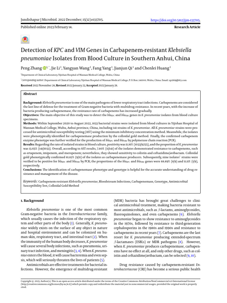 Detection of KPC and VIM GenesinCarbapenem-resistant Klebsiella ...