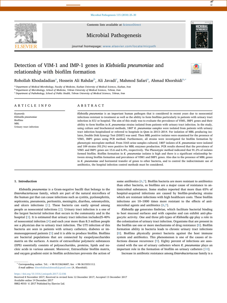 Detection of VIM-1 and IMP-1 Genes in Klebsiella Pneumoniae and Relationship With Biofilm ...