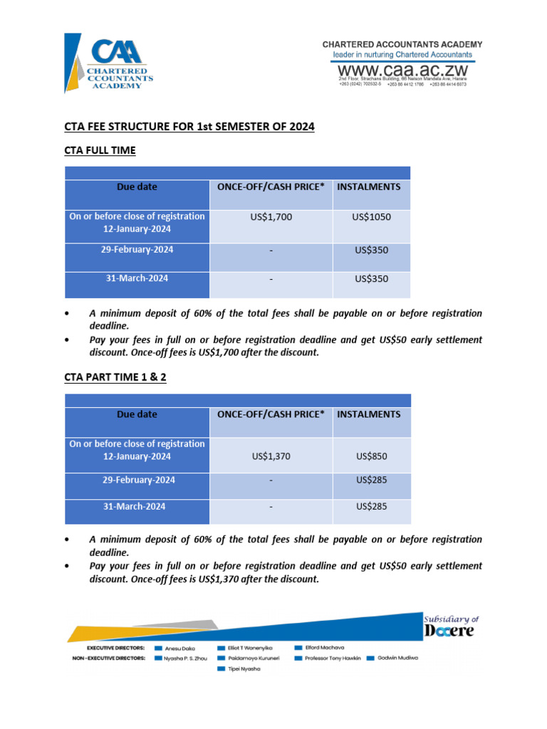 Cta Fee Structure First Semester 2024 | PDF