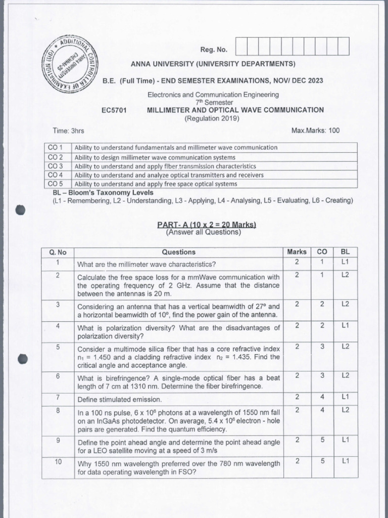 Millimeter and Optical Wave Communication Exam | PDF | Fiber Optic ...