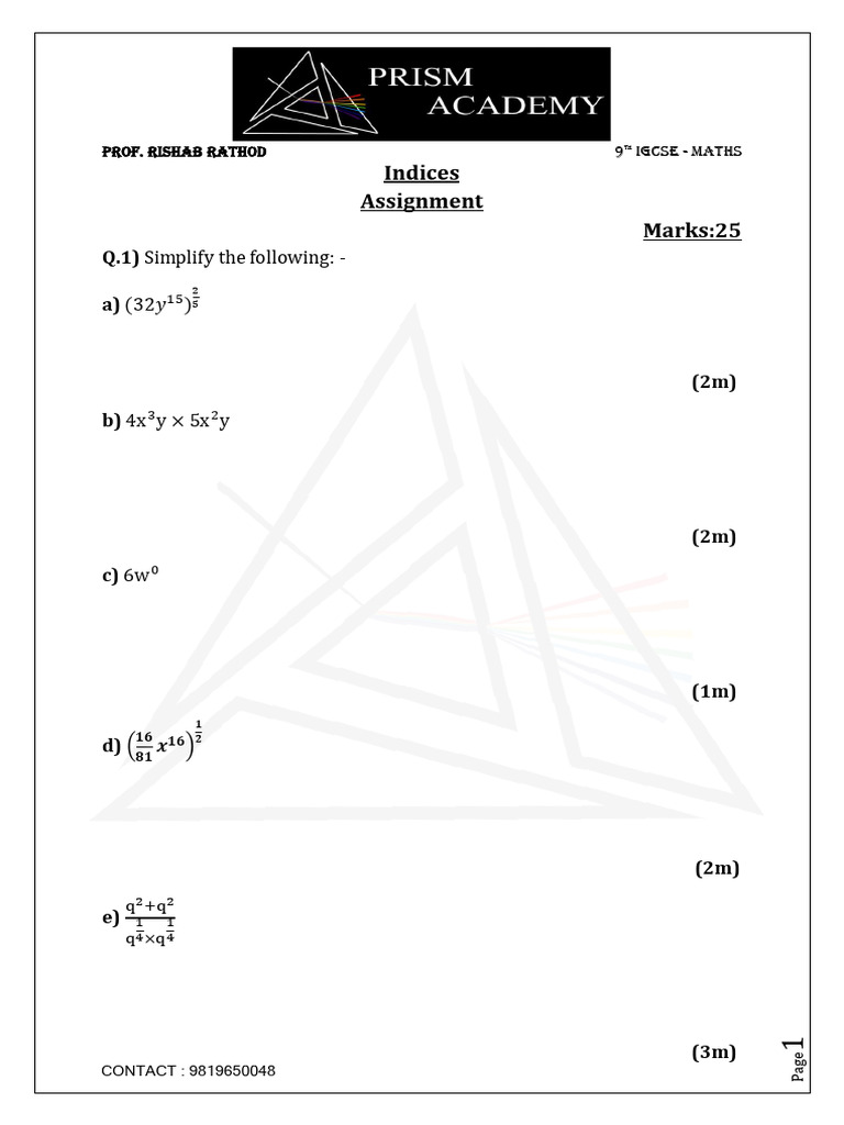 9th Maths Indices Assignment 30-08-2024 | PDF