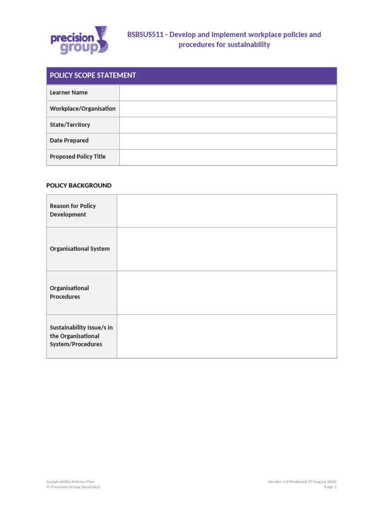 SUS511 Policy Scope Statement Template | PDF | Policy | Sustainability