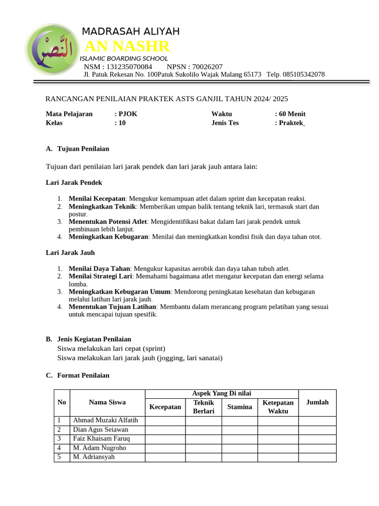 Pjok Penilaian Praktek Asts Ganjil Tahun 2024 | PDF