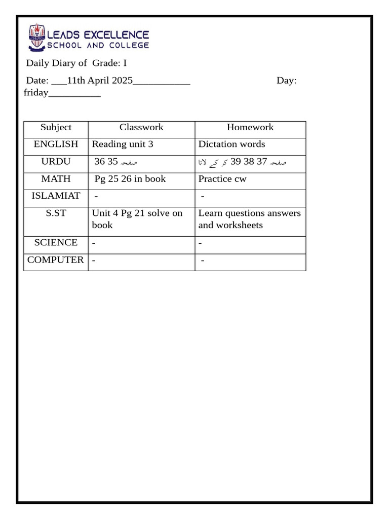 Diary Format For Grade 1-4 | PDF