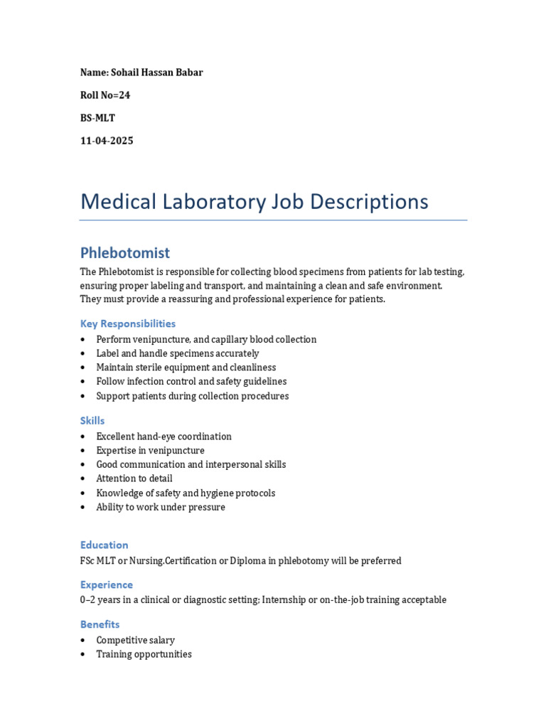 Medical Lab Job Descriptions | PDF | Medical Laboratory | Pathology