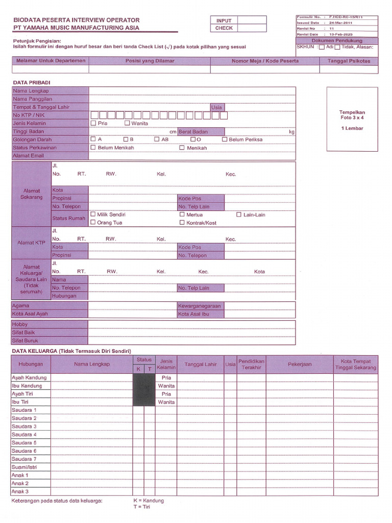 F.HCD-RC-015 R11 Form Biodata Operator | PDF