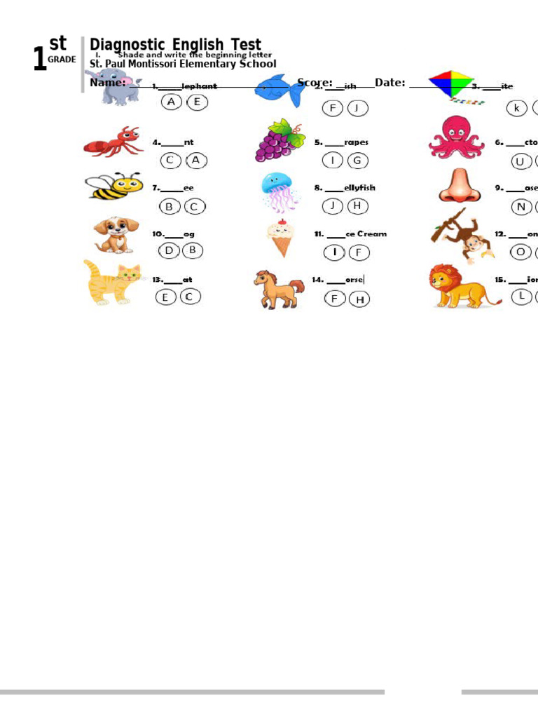 Grade 1 Diagnostic English Test | PDF