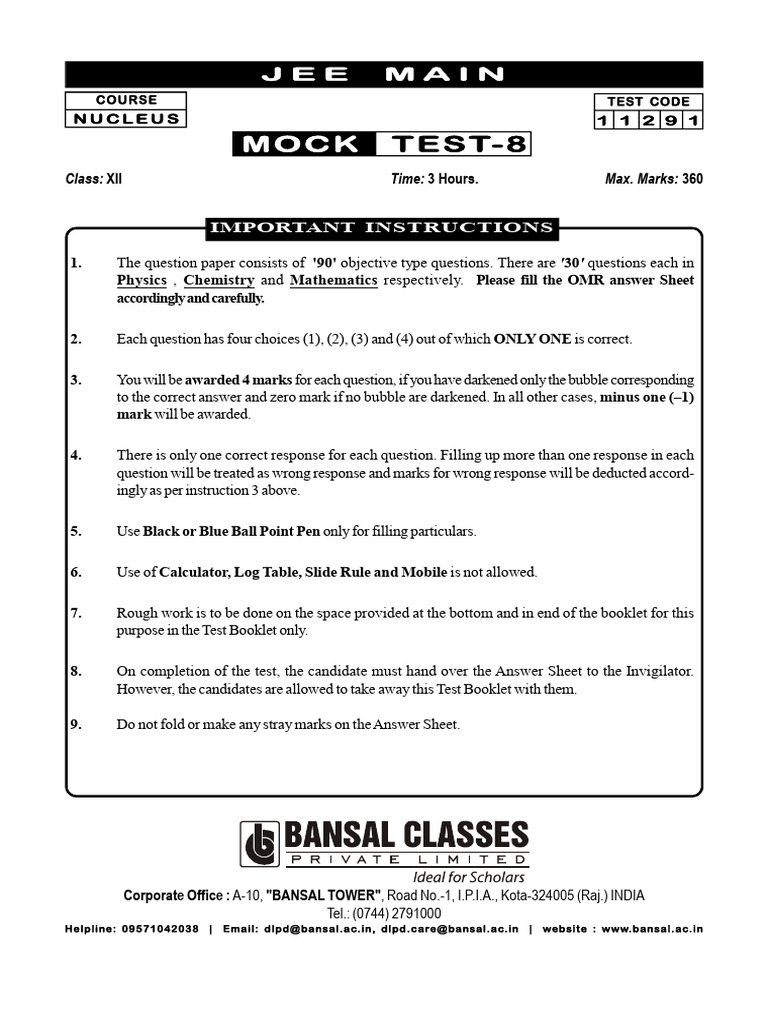 JEE Main Mock Test 8 Instructions | PDF | Oscillation | Resonance