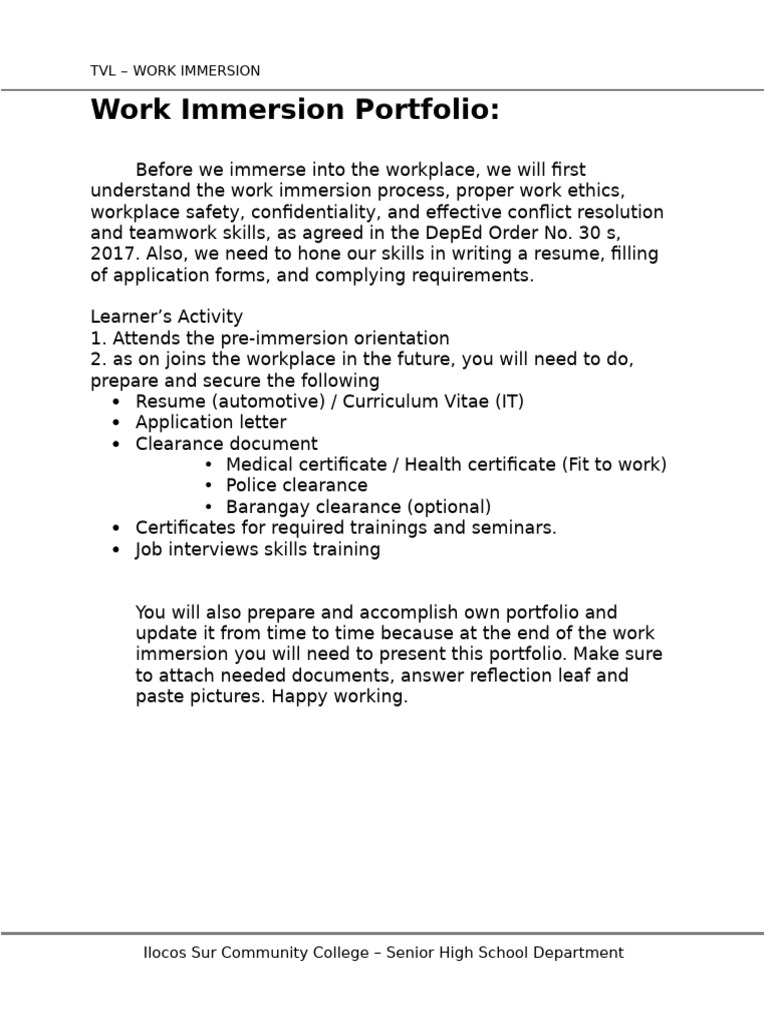 Work Immersion Portfolio 1 | PDF | Job Interview | Learning