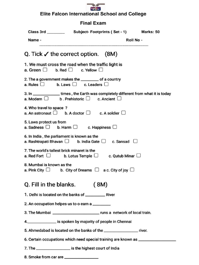 Footprints - 3rd Std Practice Set - 1 | PDF