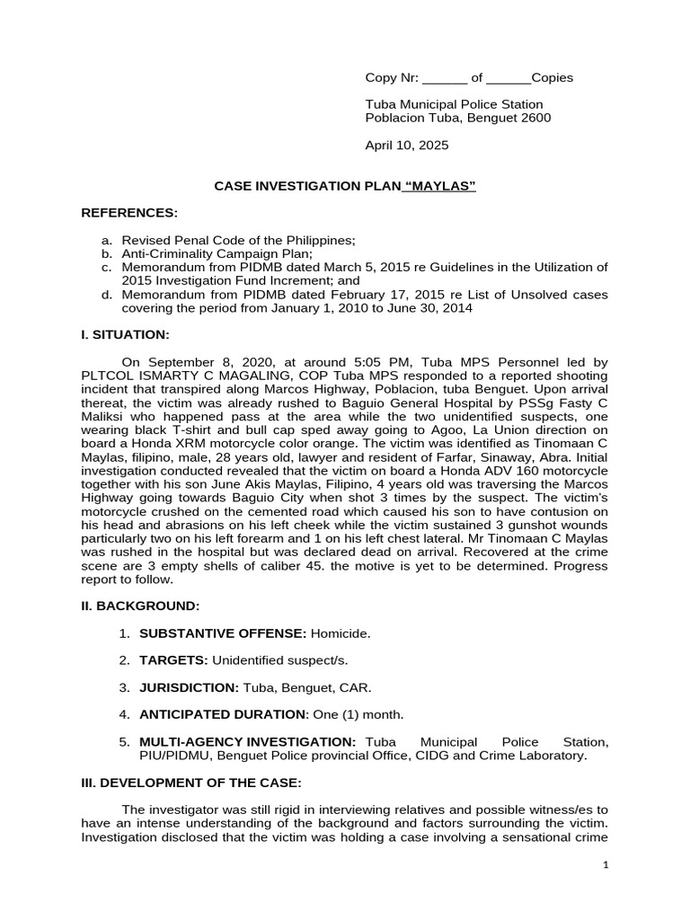 Homicide Investigation Plan for Maylas Case | PDF | Police | Witness