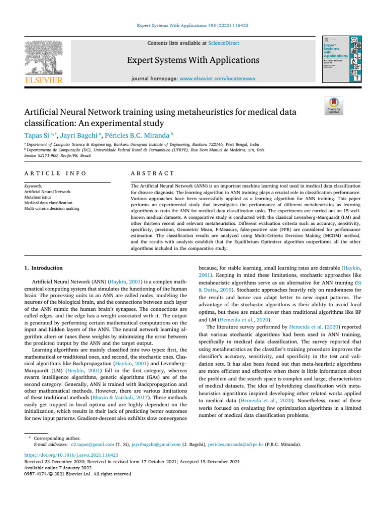 Artificial Neural Network Training Using Metaheuristics for Medical Data Classification an ...