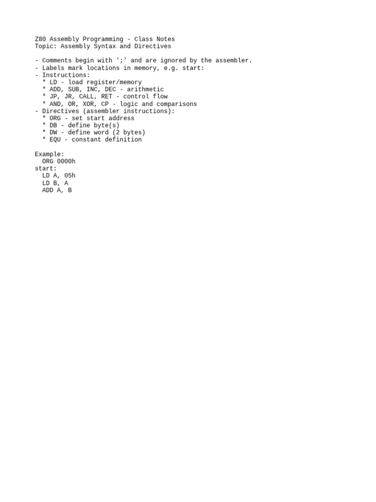 Z80 Assembly Syntax | PDF