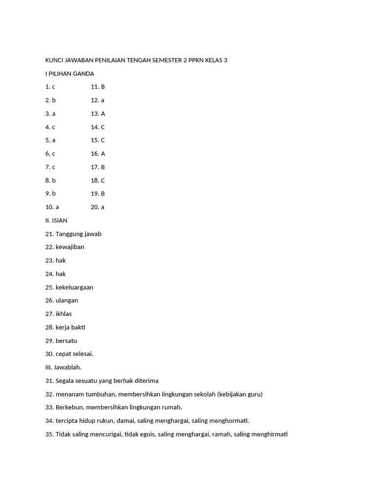 Kunci Jawaban Penilaian Tengah Semester 2 PPKN Kelas 3 | PDF