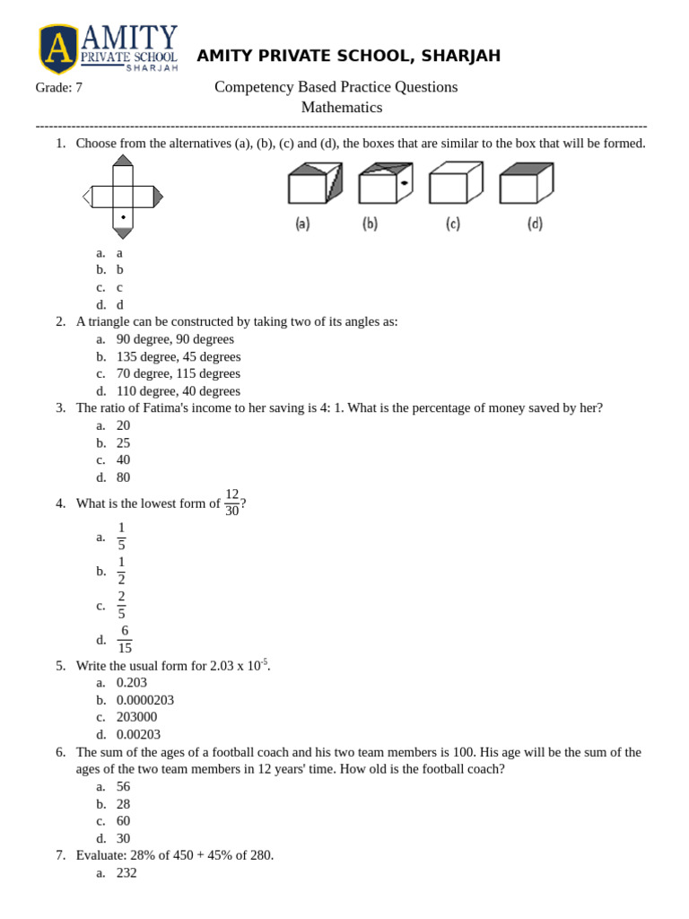 Gr7 Competency Based Practice Questions | PDF | Elementary Geometry ...