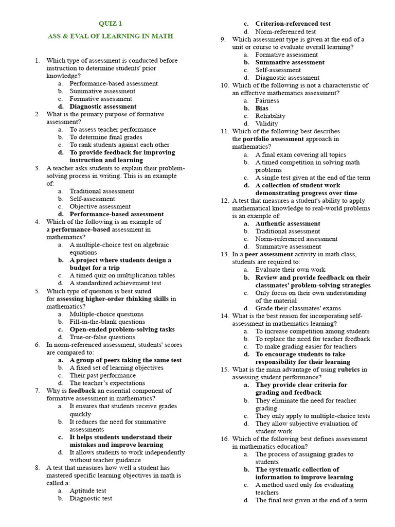 Ass Eval of Learning in Math | PDF | Educational Assessment ...