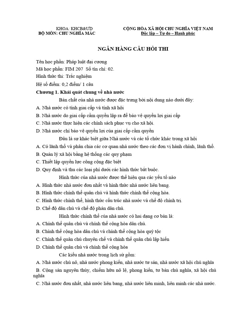 Ngan Hang Cau Hoi Trac Nghiem - PLDC - Ban Cau Hoi Chuan Gui SV | PDF