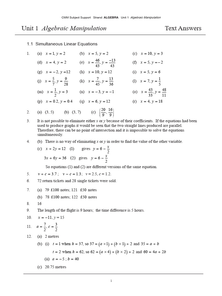 ALGEBRA Unit 1 Algebraic Manipulation Text Answers | PDF | Equations | Algebra