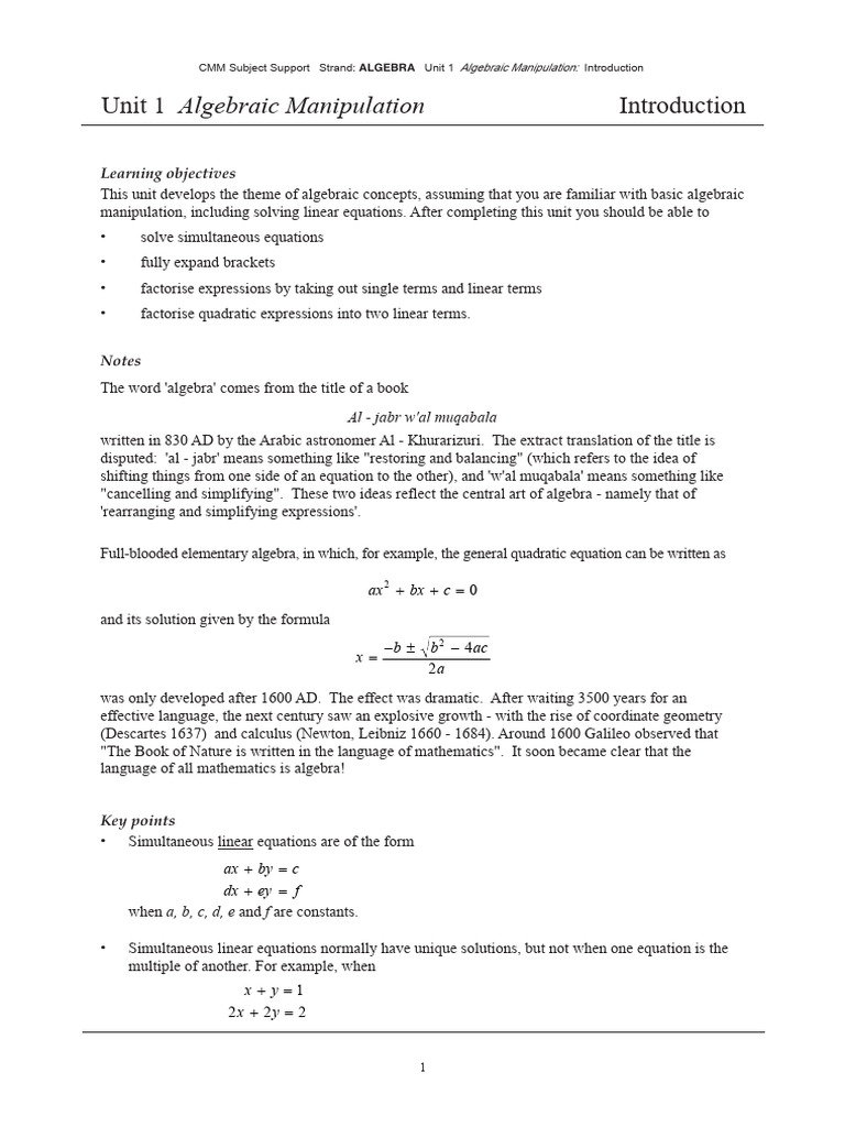 ALGEBRA Unit 1 Algebraic Manipulation Introduction | PDF | Algebra ...